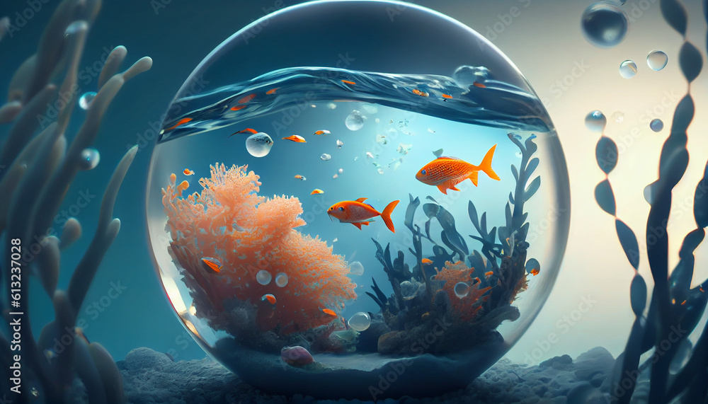 Abstract biosphere in a bubble. Ecosystem in a fish bowl. Environmental ...