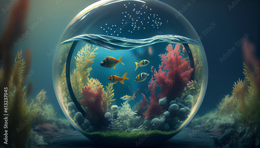 Abstract biosphere in a bubble. Ecosystem in a fish bowl. Environmental ...
