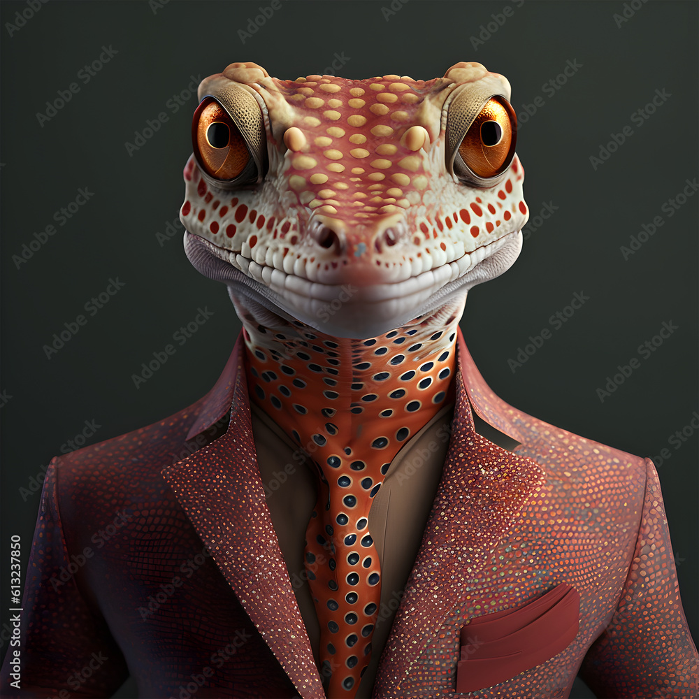 Realistic lifelike gecko reptile in dapper high end luxury formal suit ...