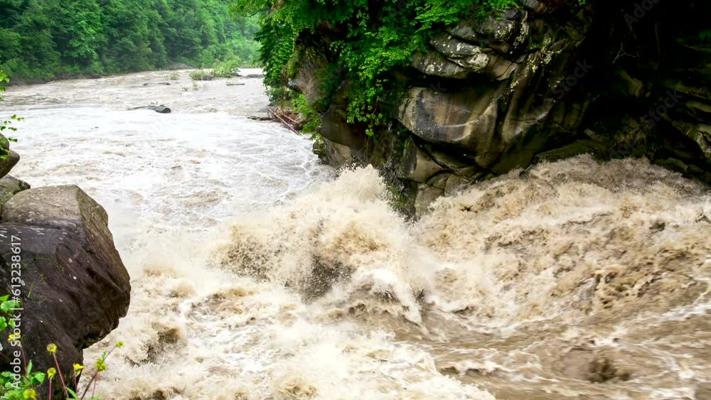 Waterfall. A mighty rushing stream of water. A mountain river. Rough ...