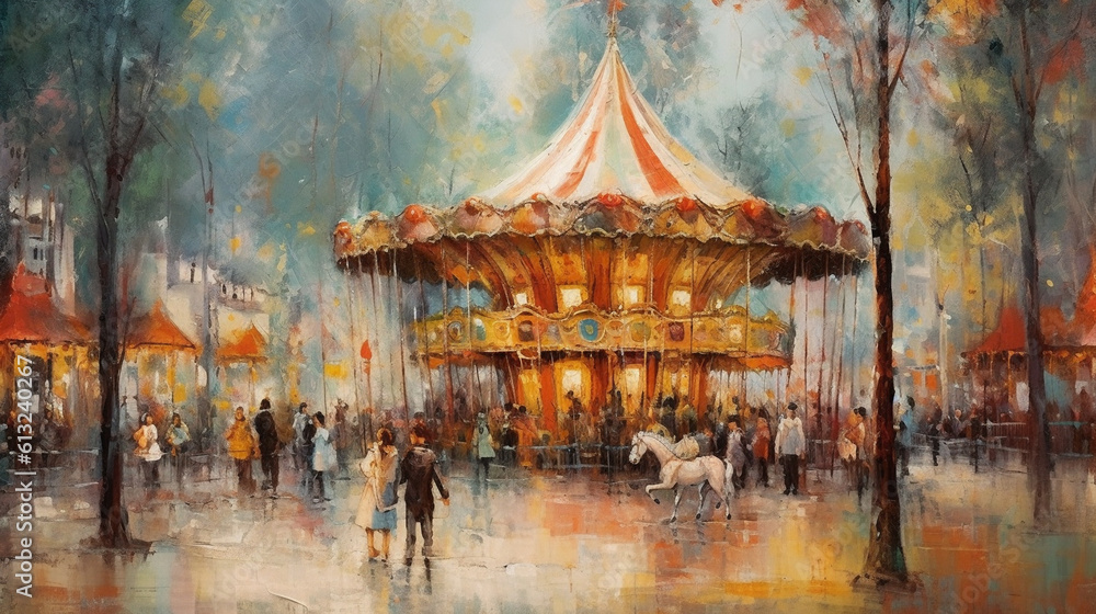 Digital oil painting of people having fun on nostalgic fairground ...