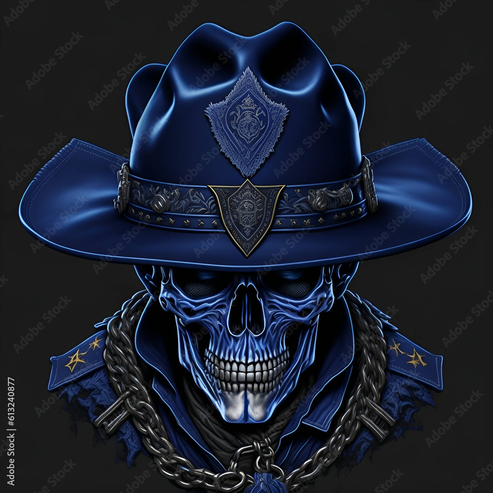 Police officer Evil cowboy Skull Head wearing a royal blue bandana over ...