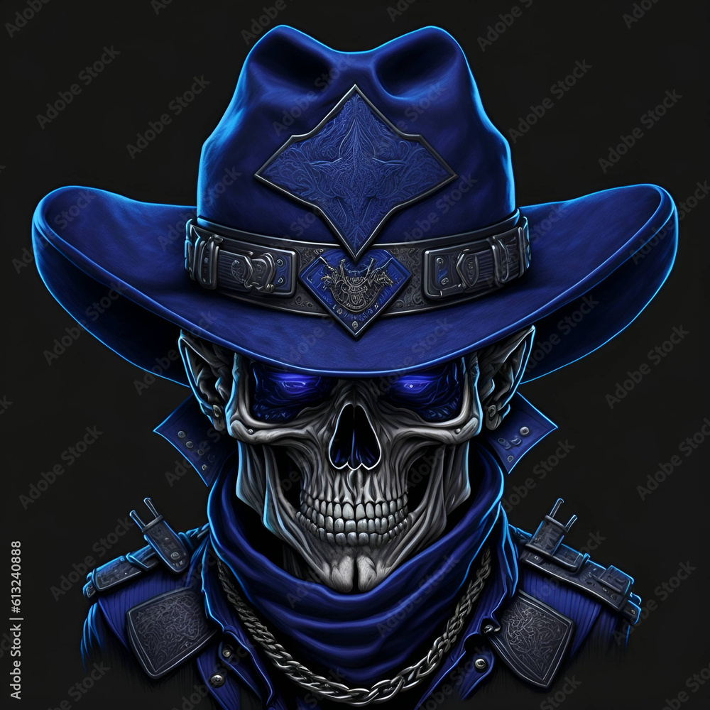 Police officer Evil cowboy Skull Head wearing a royal blue bandana over ...