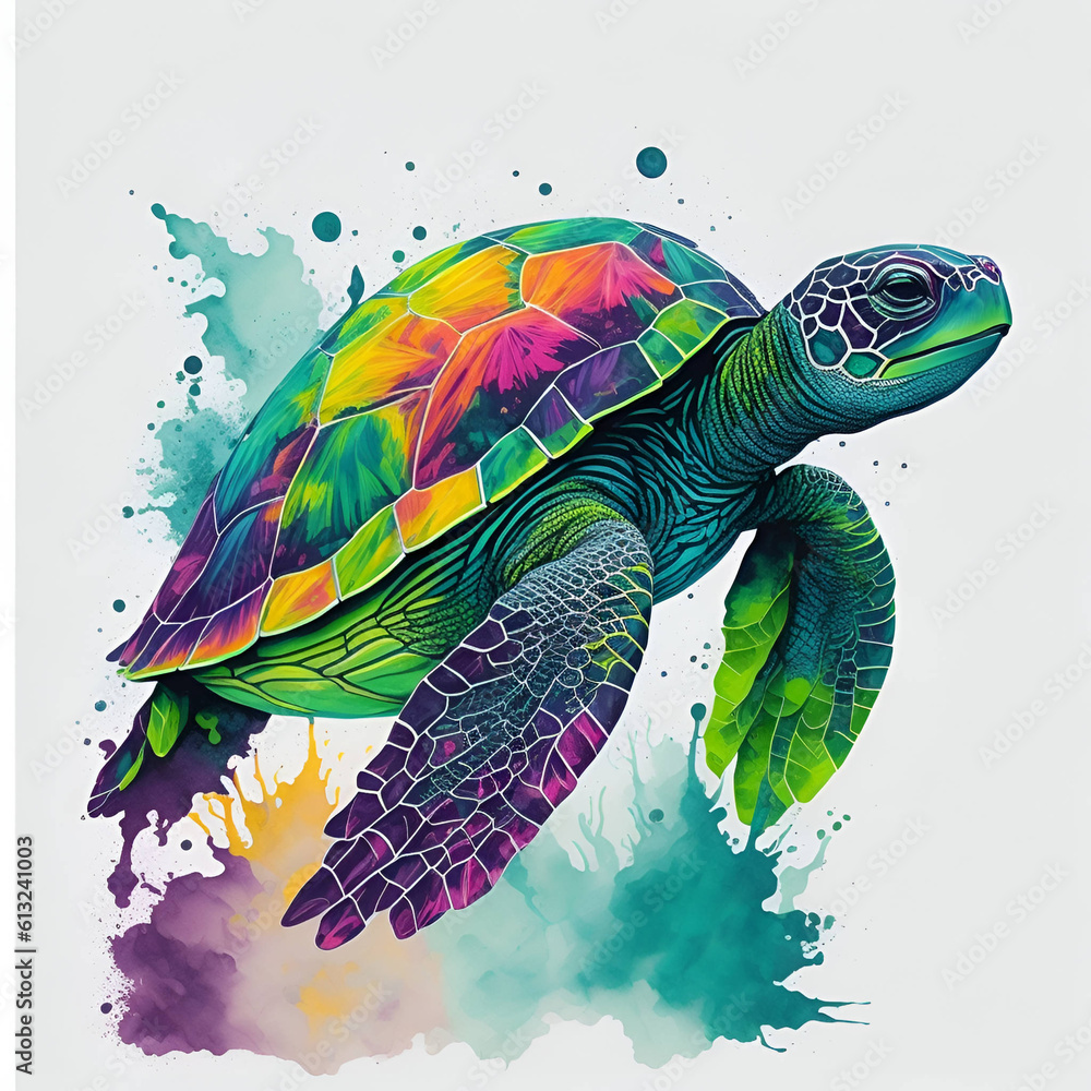 sea turtle, neon colors, t-shirt design, Memphis design style, digital ...