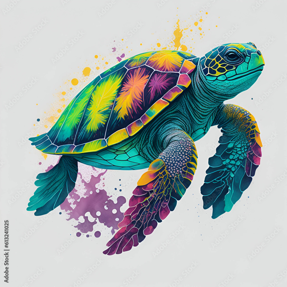 sea turtle, neon colors, t-shirt design, Memphis design style, digital ...