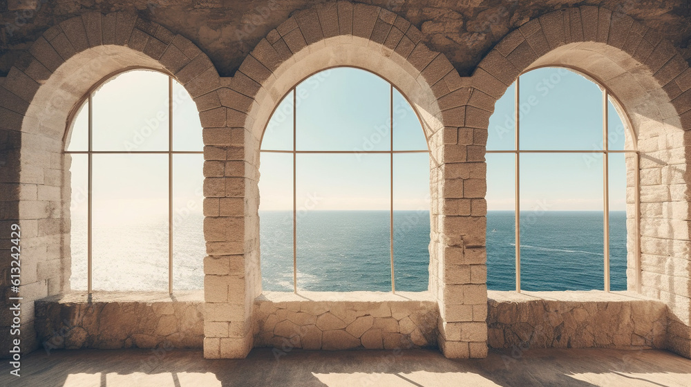 Generative AI, historic medieval stone arch windows with romantic view ...