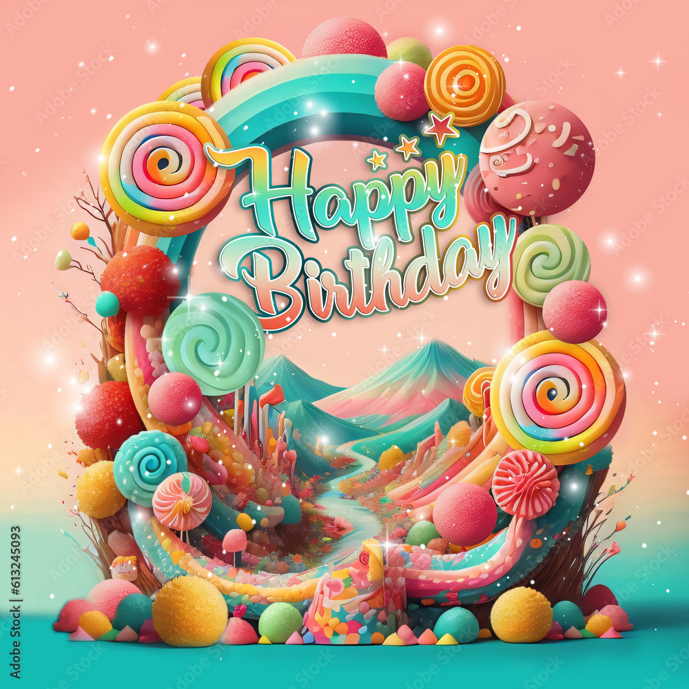 Happy birthday lettering with cartoon candyland background. Stock ...