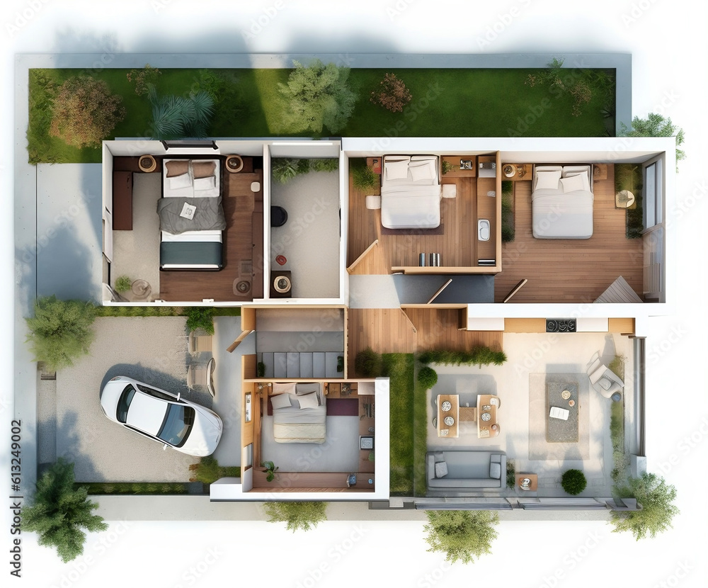 Top View Floor plan of a house top view 3D illustration - Concept of a holiday apartment with 4 ...