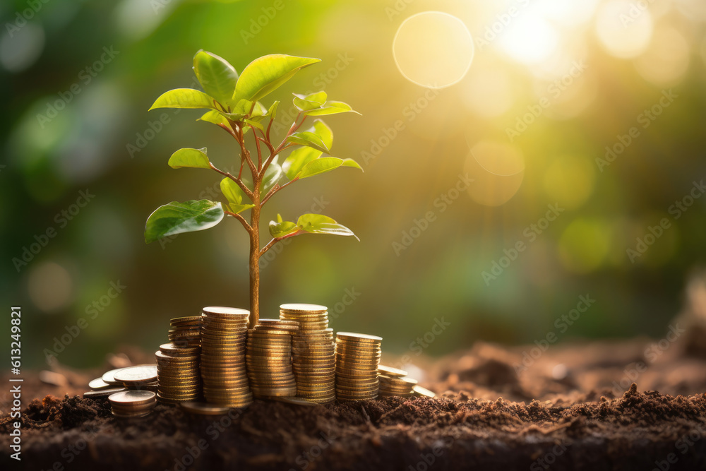 Saving money concept, Tree growing on coins stack with sun ray ...