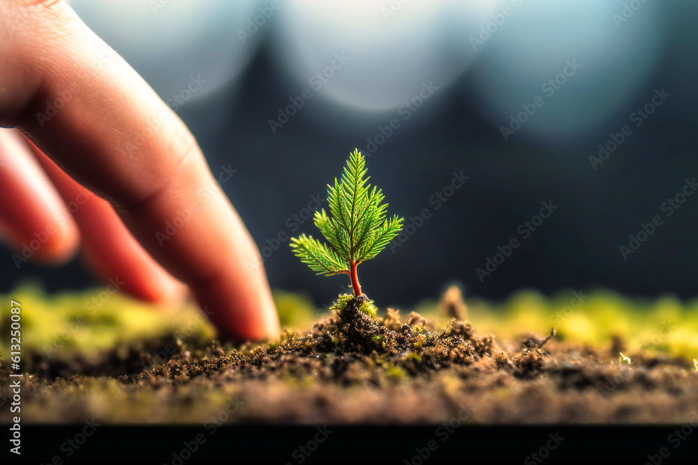 female hand with tiny pine tree growing on the edge of forest ground ...