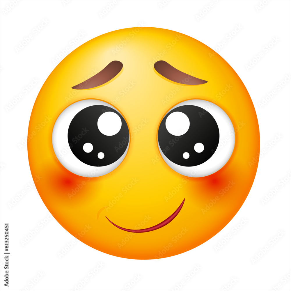 Shy begging vector emoji on white background. Vector blushful emoji. Smiling yellow blushed face ...