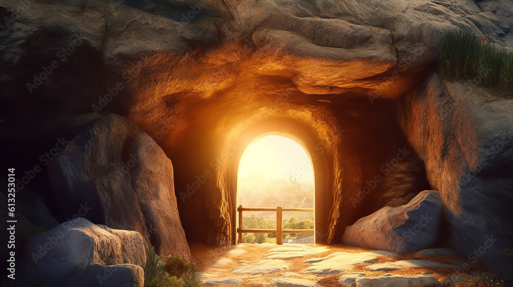 Tomb empty with shroud and crucifixion, 3d rendering. Generative ai ...