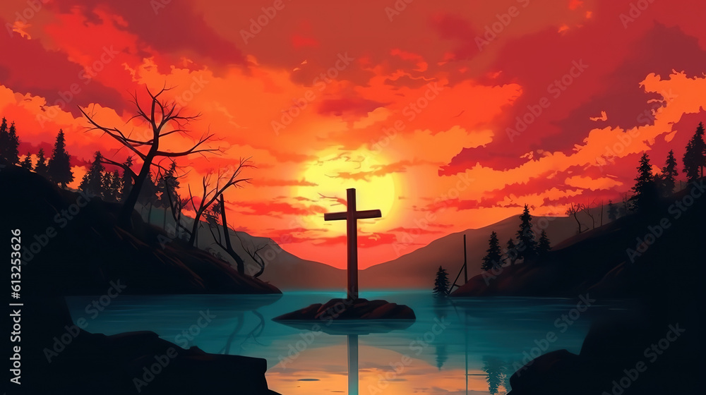 Cross of jesus christ break barrier wire on calvary sunset background ...