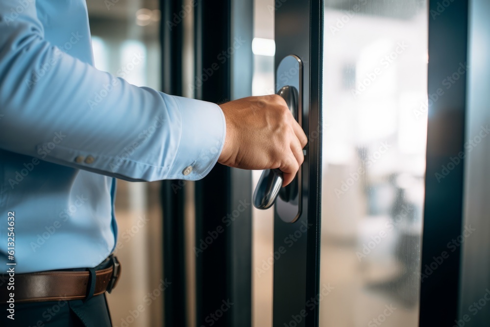 Businessman closing the door to an office, signaling the end of his ...