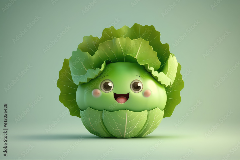 Cute green baby cabbage 3d cartoon character. White cabbage vegetable ...
