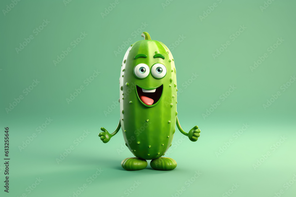 Happy green cucumber 3d cartoon character. Ripe cucumber vegetable with ...