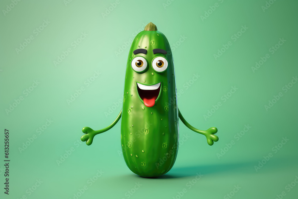 Cute green cucumber 3d cartoon character. Ripe cucumber vegetable with ...