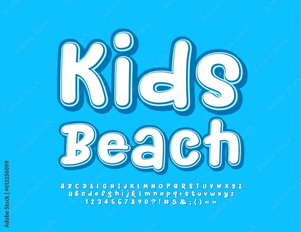 Vector recreational sign Kids Beach. Artistic playful Font. Funny set ...