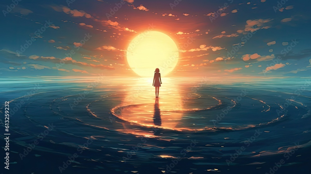 Anime girl gracefully walks on water, surrounded by gentle ripples ...