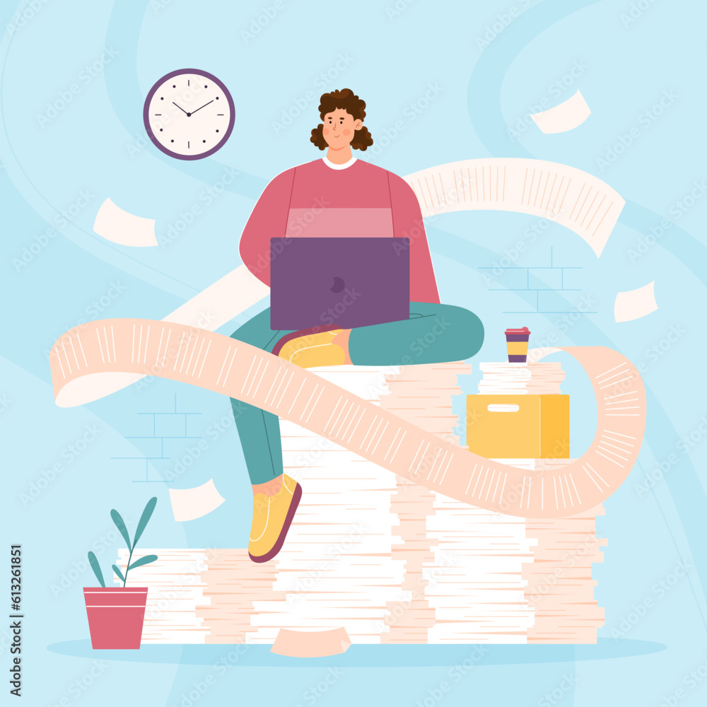 Bureaucracy, lot of paperwork vector illustration. Cartoon employee ...