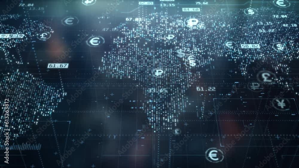 Global currencies exchange on abstract digital world map background ...