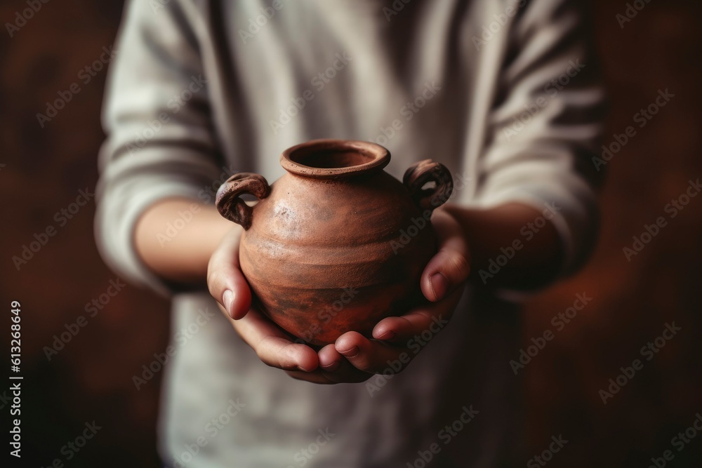 Little boy holding clay pot after pottery class. Boy holding freshly ...