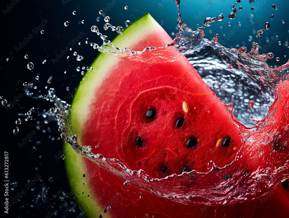 spicchio di anguria tra gli spruzzi di acqua , sfondo dai colori ...