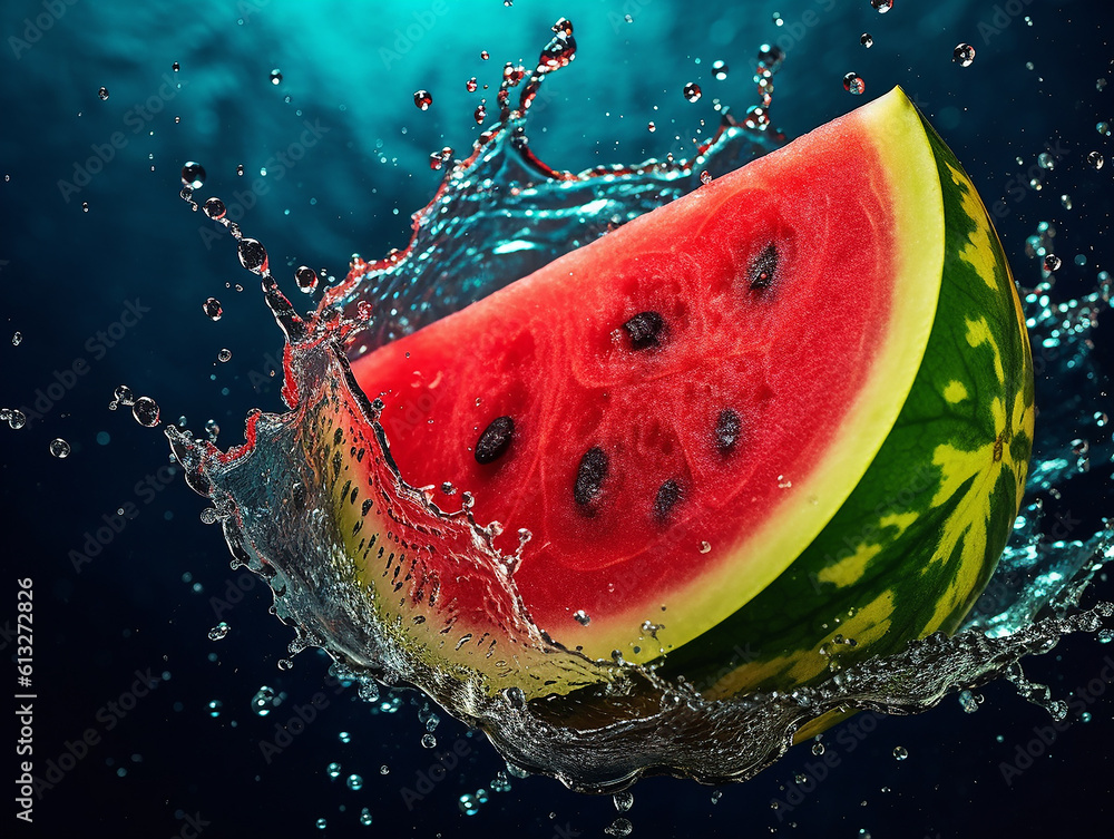 spicchio di anguria tra gli spruzzi di acqua , sfondo dai colori ...
