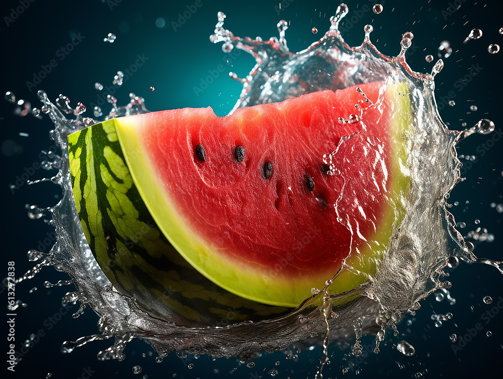 spicchio di anguria tra gli spruzzi di acqua , sfondo dai colori ...