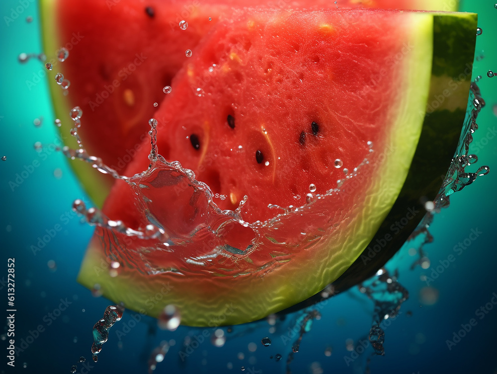 spicchio di anguria tra gli spruzzi di acqua , sfondo dai colori ...