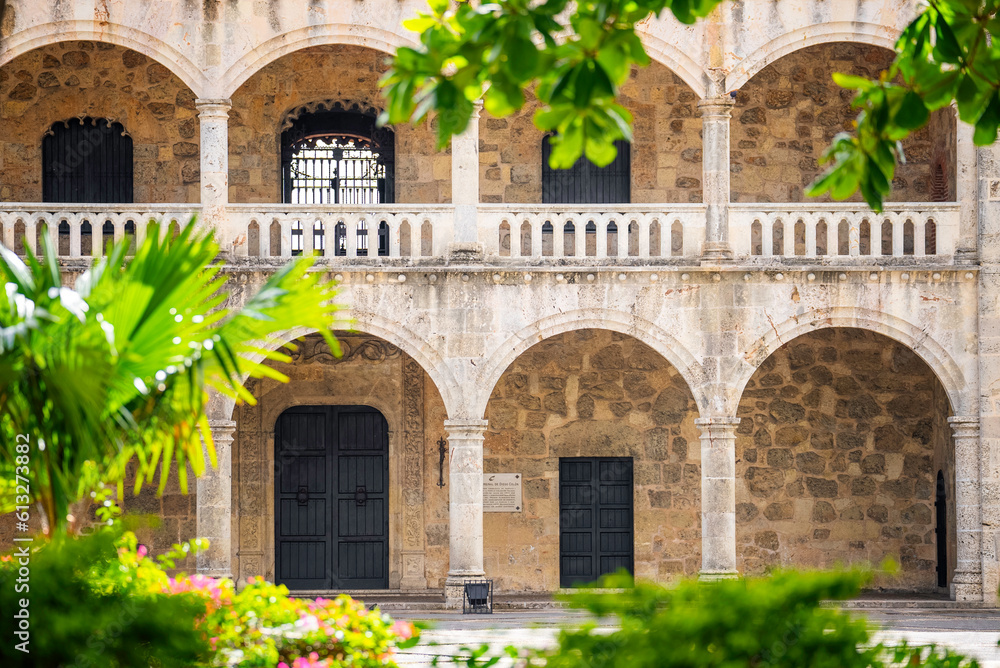 Close up of arched facade of Alcazar de Colon in colonial city of Santo ...