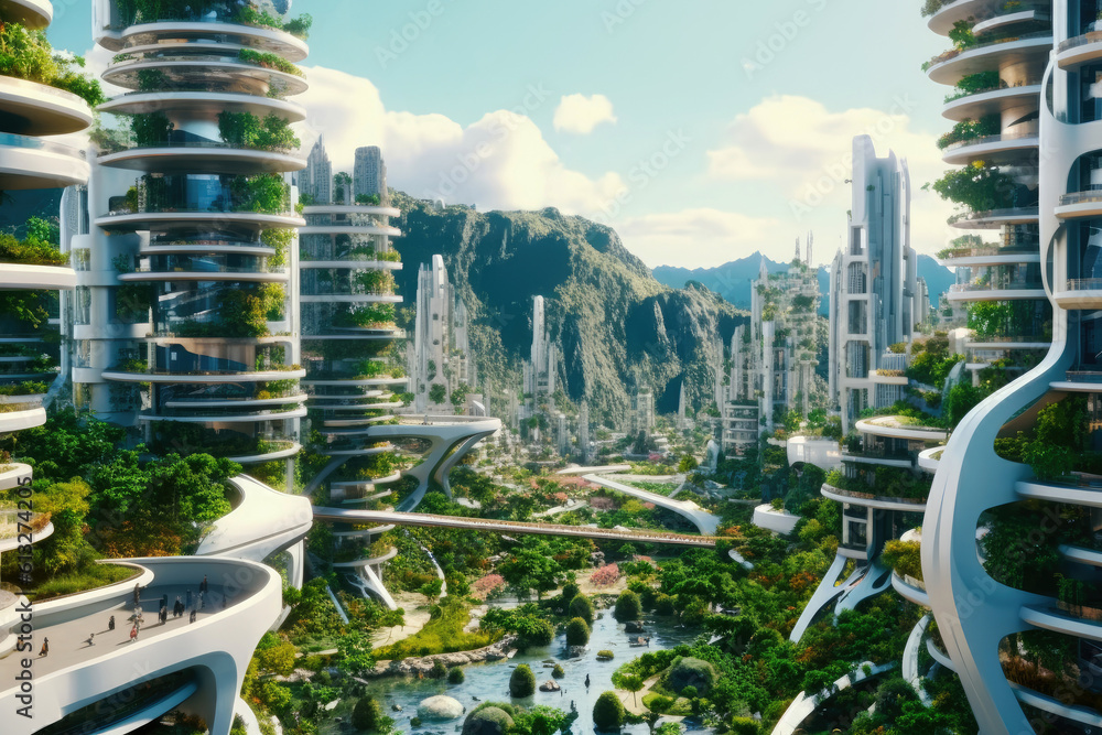 Metropolis friendly ecology mega city buildings and towers, green ...