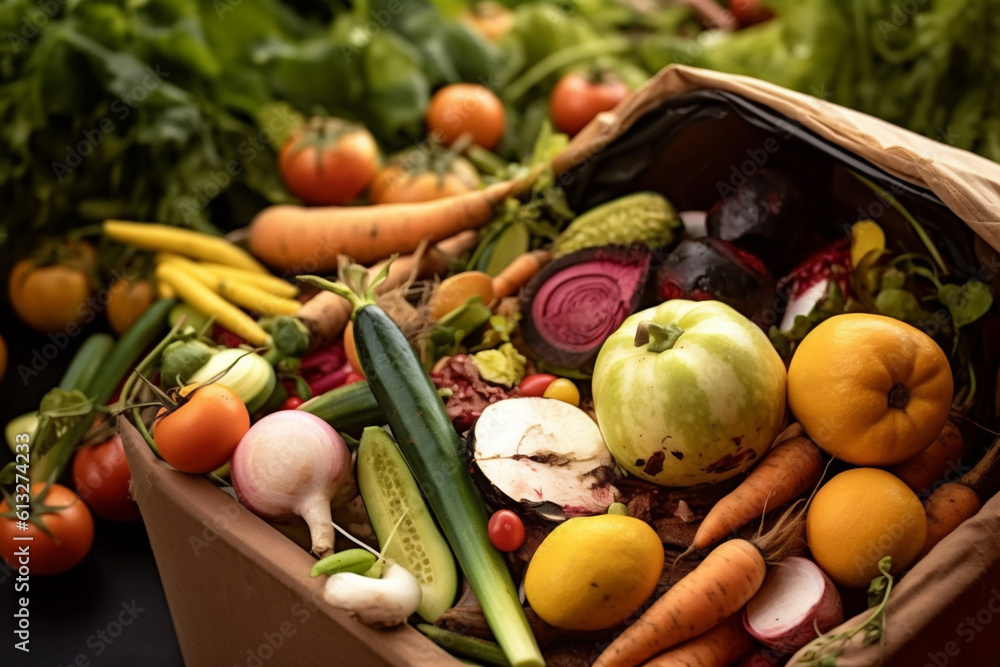 Uneaten, spoiled vegetables thrown and composting in the in the garden ...