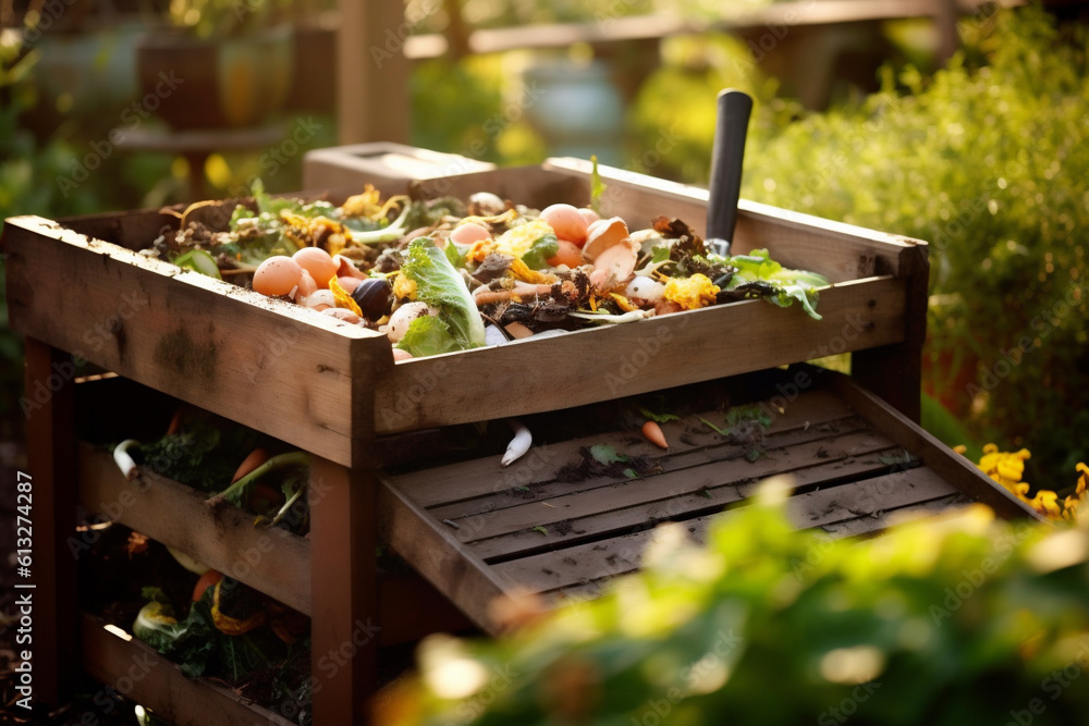 Uneaten, spoiled vegetables thrown and composting in the in the garden ...