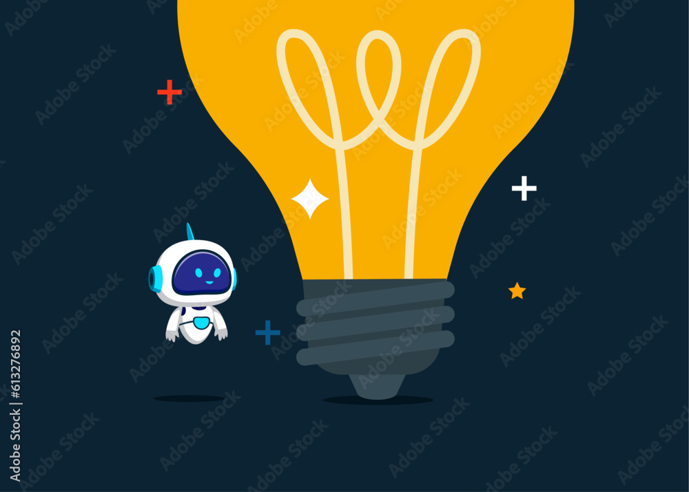 Robot with artificial intelligence thinking with big oversized idea ...