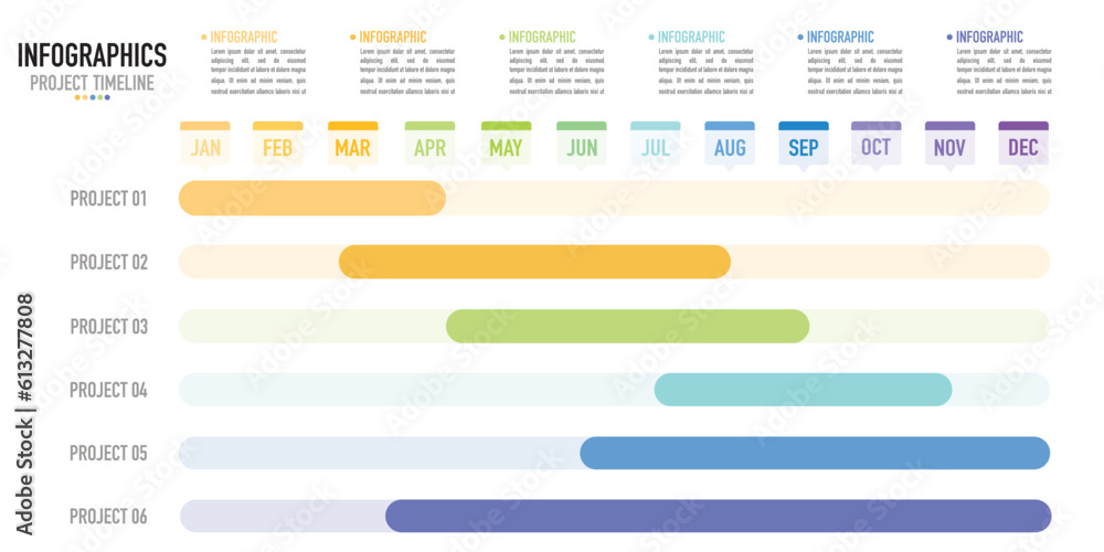Gantt chart timeline 12 months infographic template or element with 6 ...