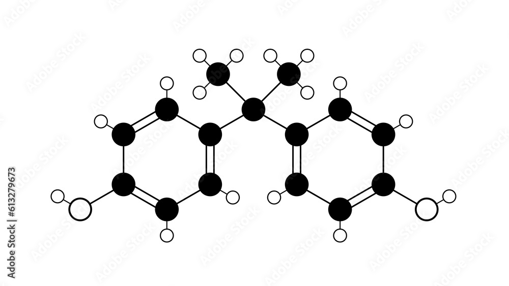bisphenol a molecule, structural chemical formula, ball-and-stick model ...