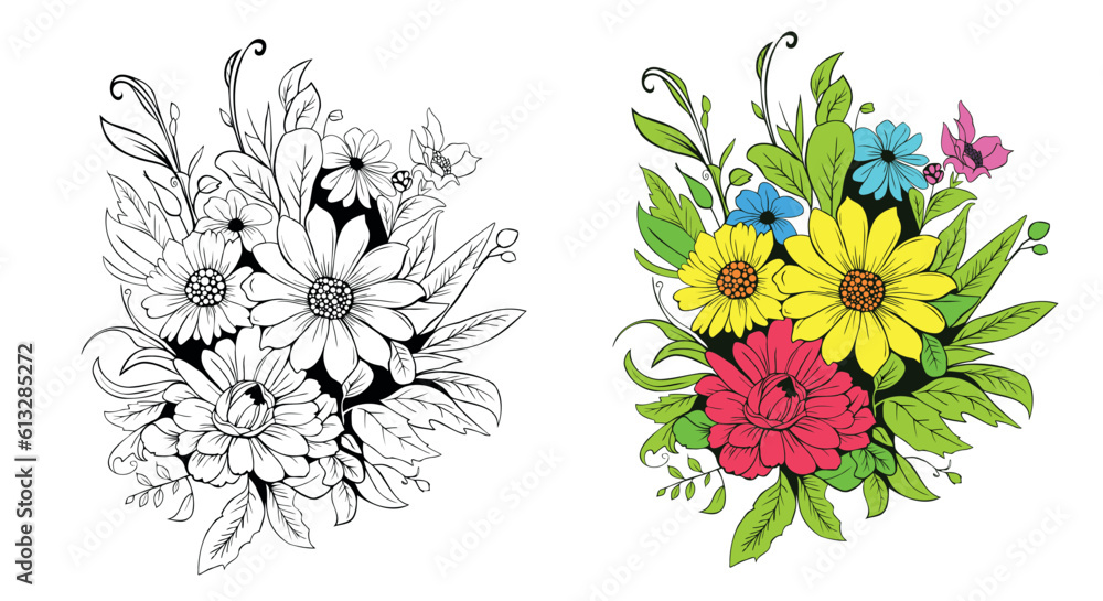 sketch contour bouquet of pansy flowers, Sketch violet flower drawing ...