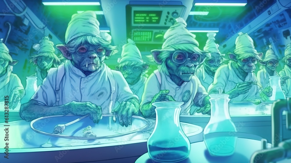 A group of goblins in a futuristic laboratory conducting experiments ...