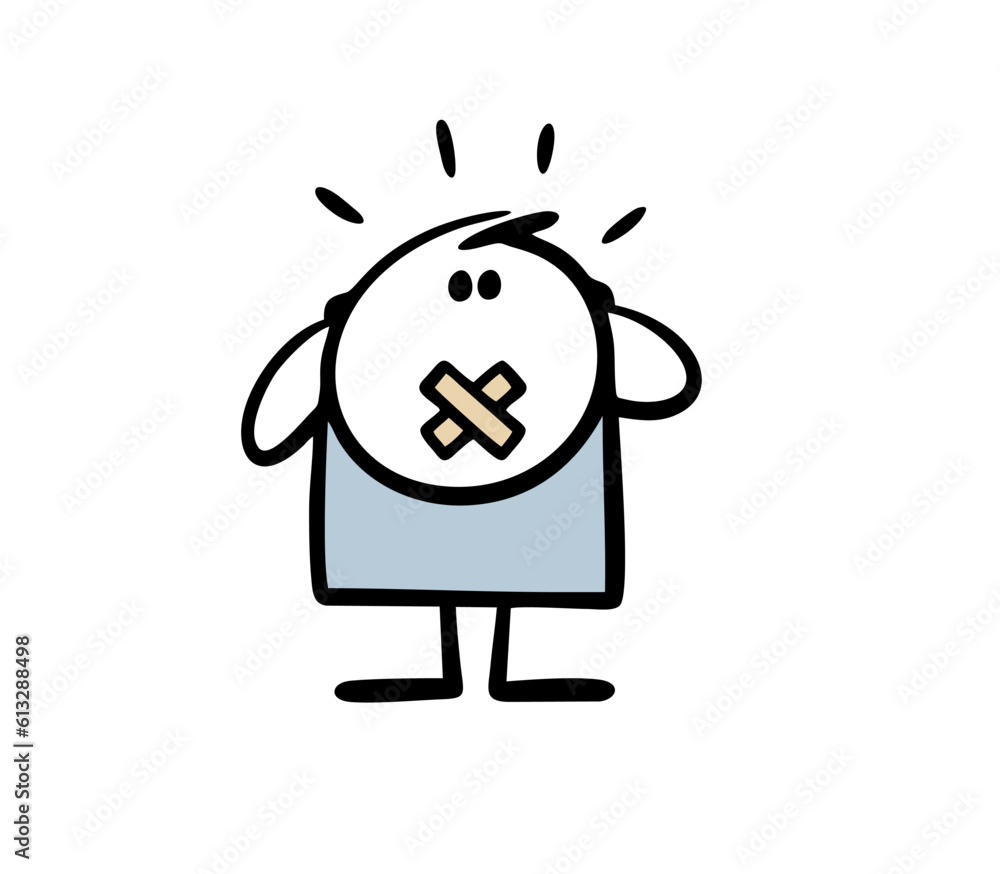 Angry, helpless stickman with a Band-Aid over his mouth. Vector ...