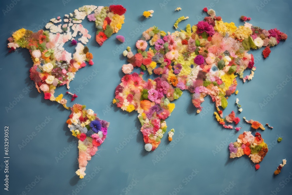 Flower Map, a World Map Made of Flowers, Abstract Generative AI ...