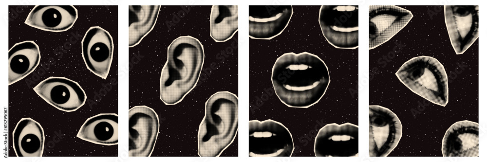 Halftone collage retro posters set. Lips, eyes, ear in outer space ...