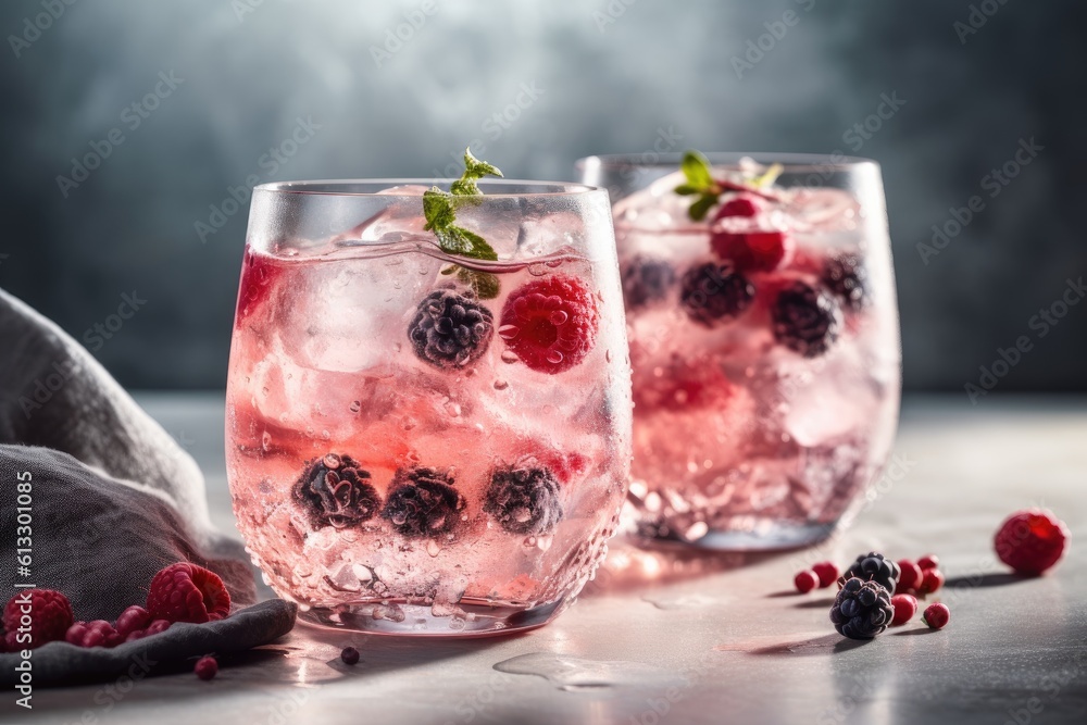 Two wildberry gin tonic beverages with frozen berry garnish in an ...