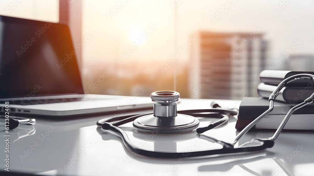 Doctor office desk panoramic banner, workplace of physician therapist ...