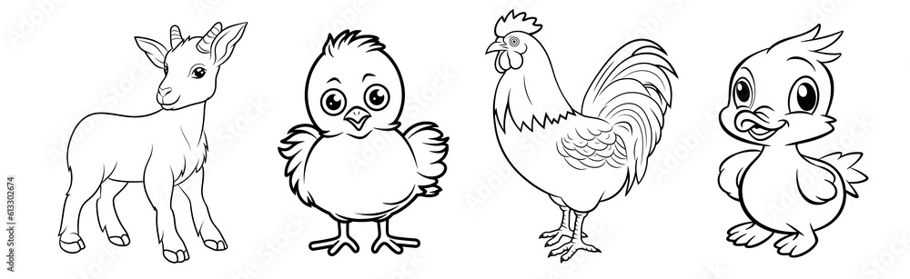 Farm animals - cute Goat, Chicken, Rooster and Duck, simple thick lines ...