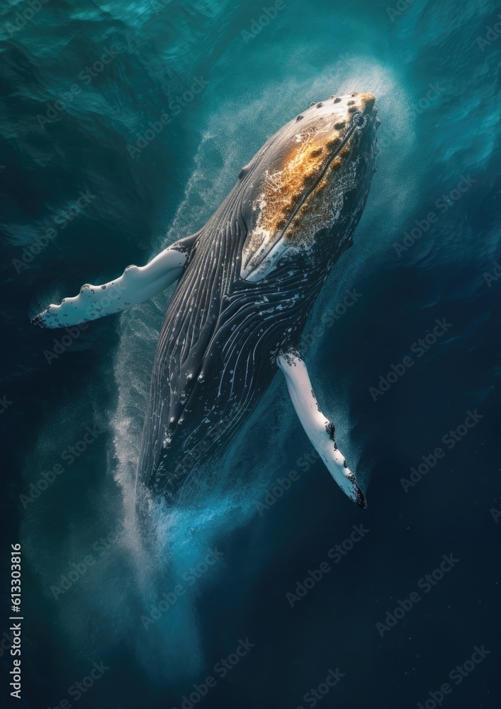 Aerial top down view of a big sperm whale freely swimming in the ocen ...
