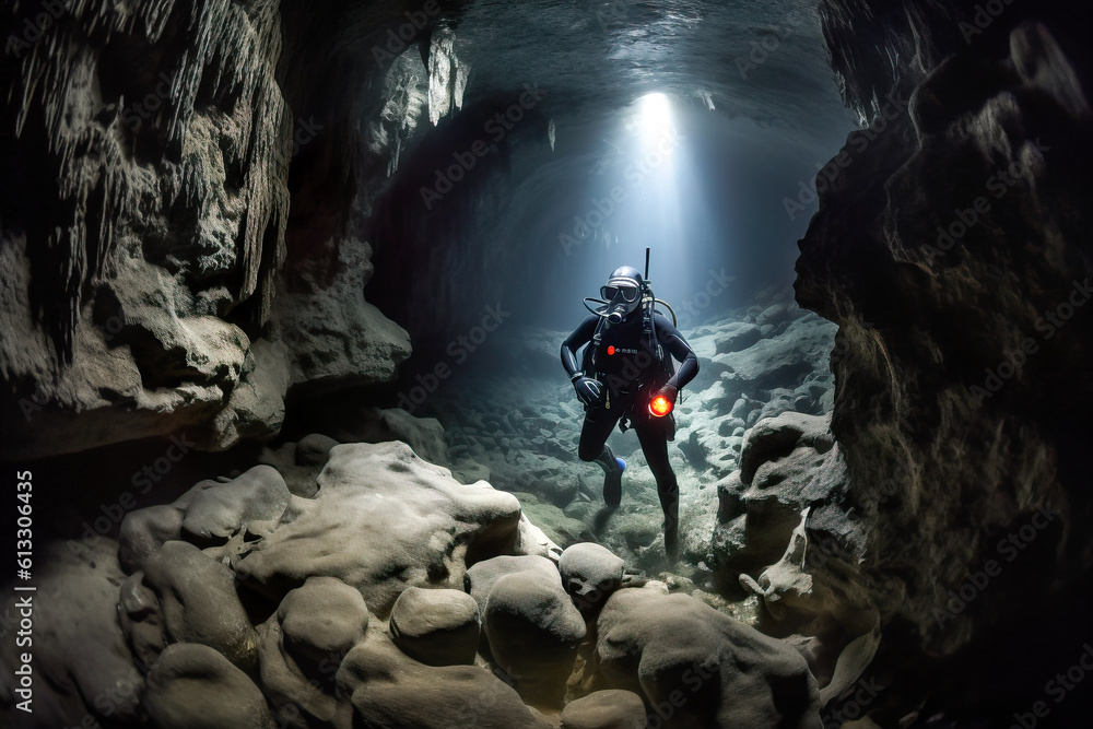 Scuba diver exploring underwater cave. Diving in underwater cave ...
