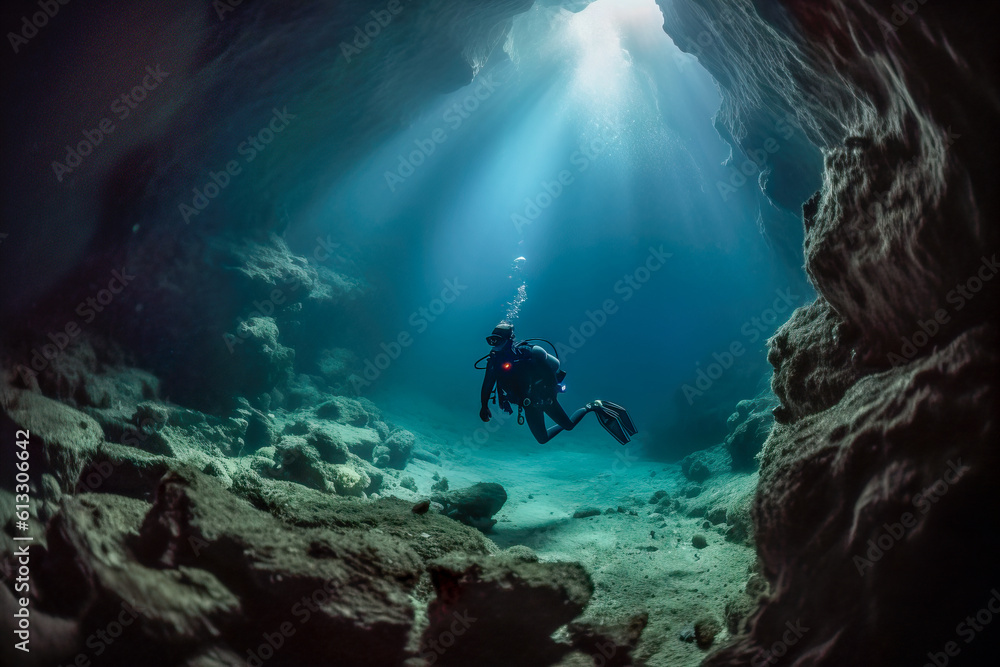 Scuba diver exploring underwater cave. Diving in underwater cave ...