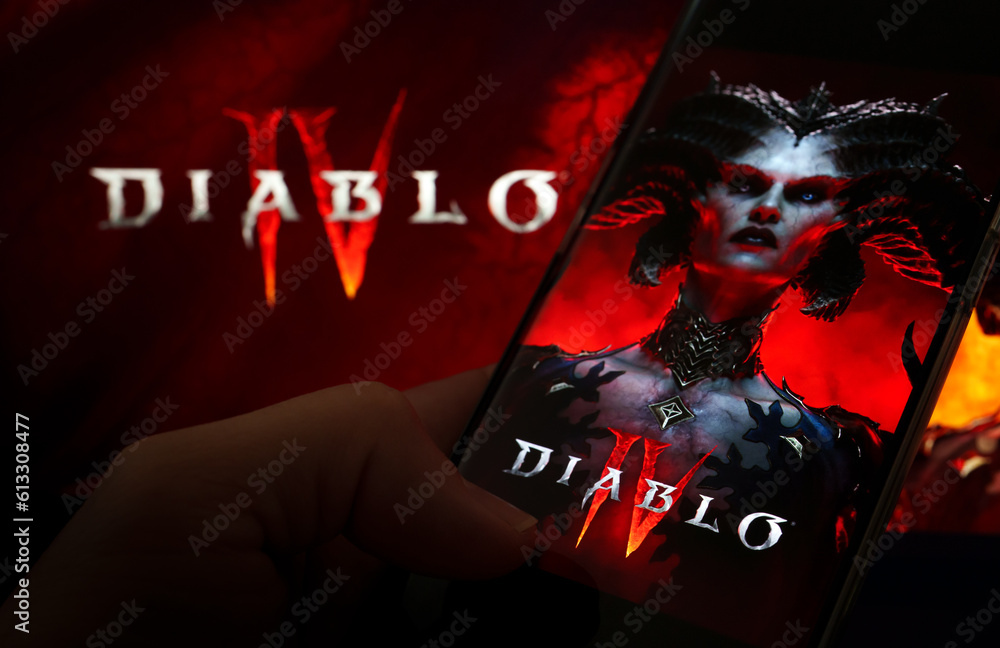 Diablo 4 game poster seen on mobile screen. Diablo IV is a game ...
