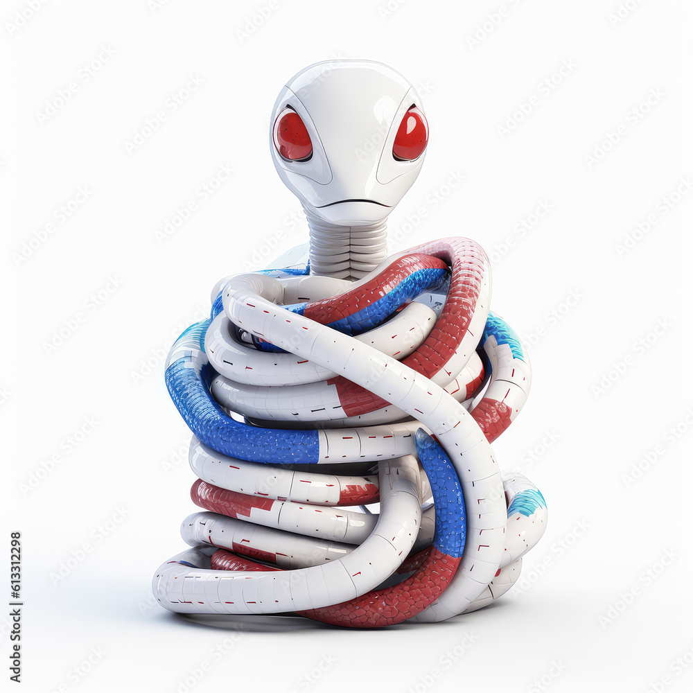 Futuristic digital snake made of white, red, blue wires wires woven ...
